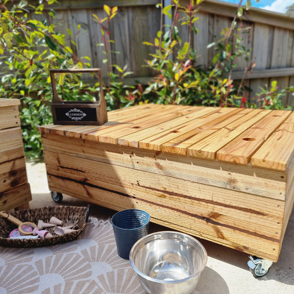Sandpit Planter Box With Mess Deck Lid on Wheels – Muddy Play Kitchens